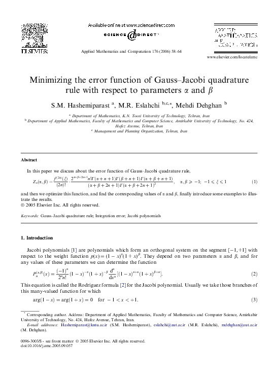 (PDF) Minimizing the error function of Gauss–Jacobi quadrature rule with respect to parameters α ...