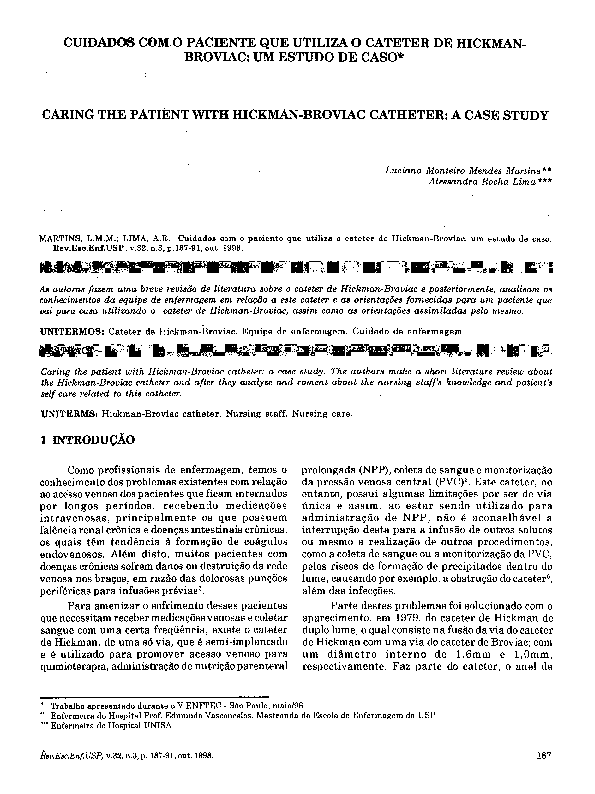 (PDF) Cuidados com o paciente que utiliza o cateter de Hickman-Broviac ...