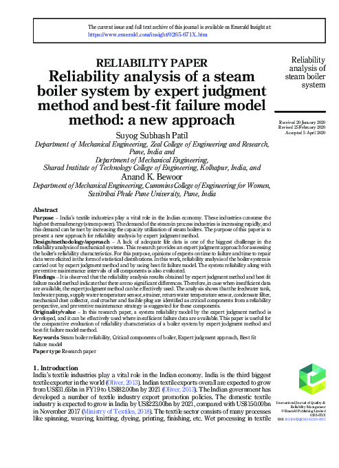(PDF) Reliability analysis of a steam boiler system by expert judgment method and best-fit ...