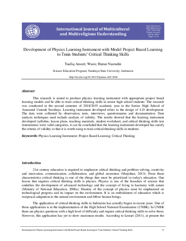 (PDF) Development of Physics Learning Instrument with Model Project Based Learning to Train ...