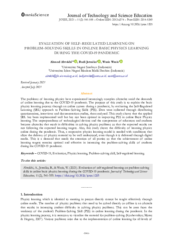 (PDF) Evaluation of self-regulated learning on problem-solving skills in online basic Physics ...