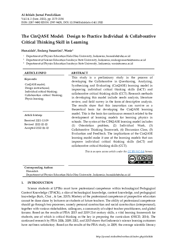 (PDF) The CinQASE Model: Design to Practice Individual & Collaborative Critical Thinking Skill ...