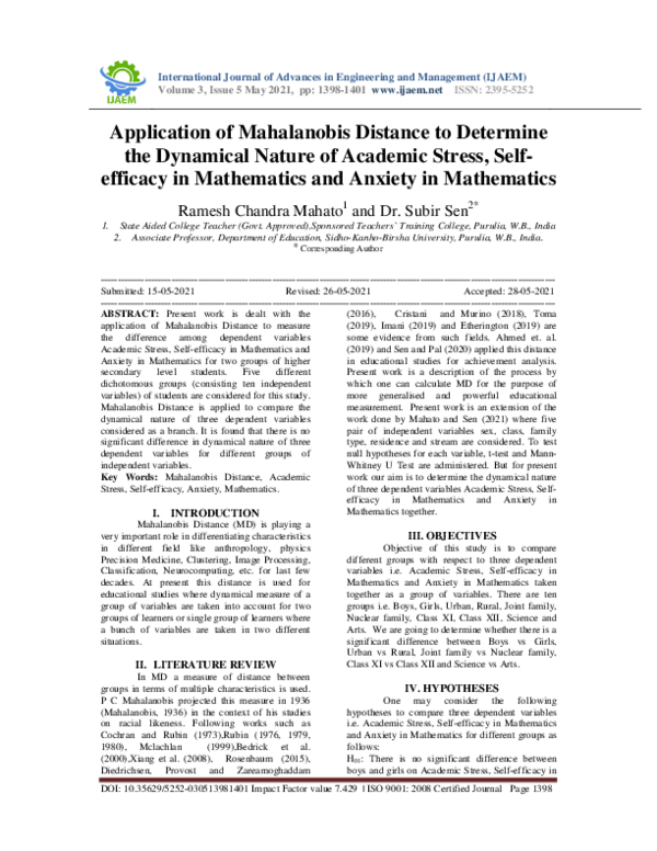 (PDF) Application of Mahalanobis Distance to Determine the Dynamical ...