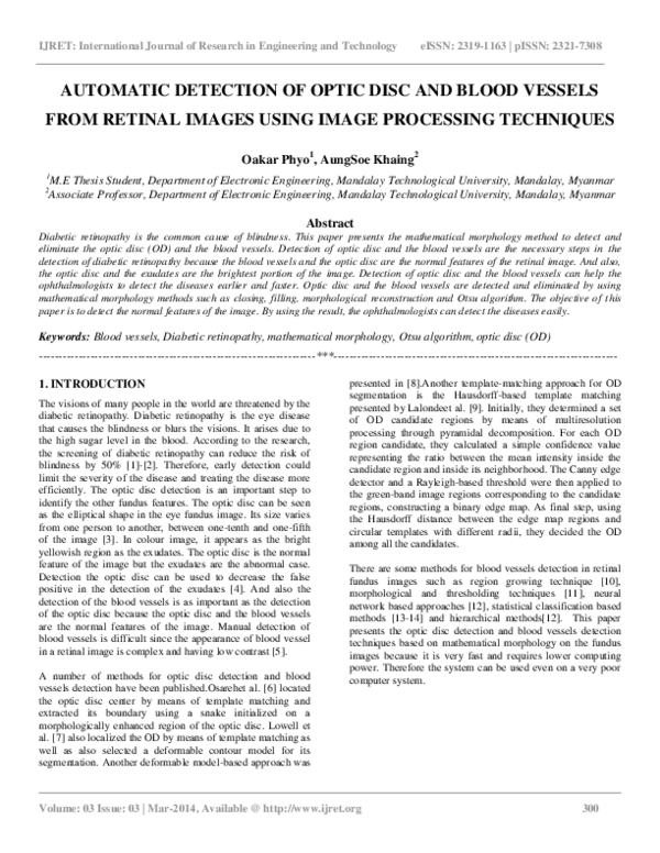 (PDF) Automatic Detection of Optic Disc and Blood Vessels from Retinal Images Using Image ...