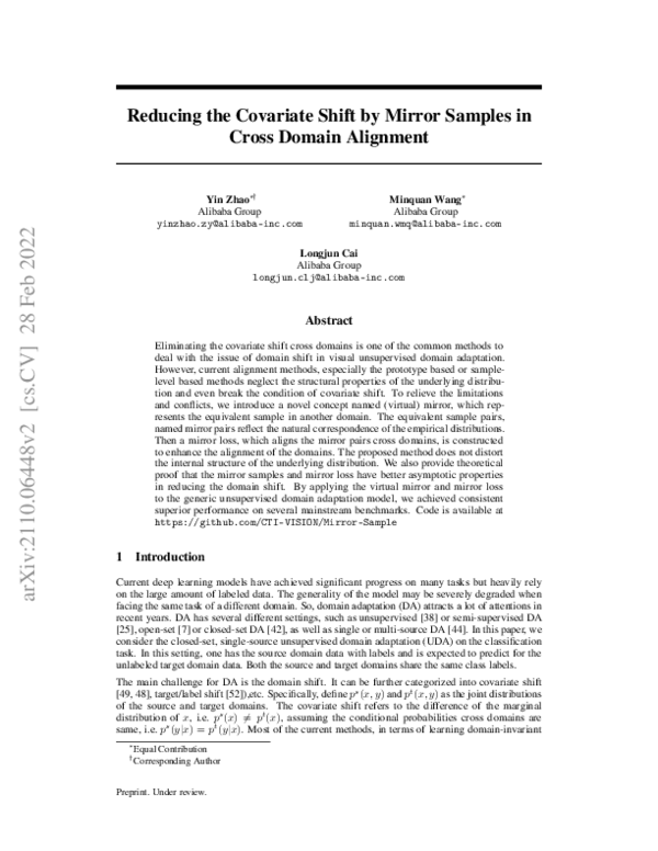 Pdf Reducing The Covariate Shift By Mirror Samples In Cross Domain Alignment Longjun Cai