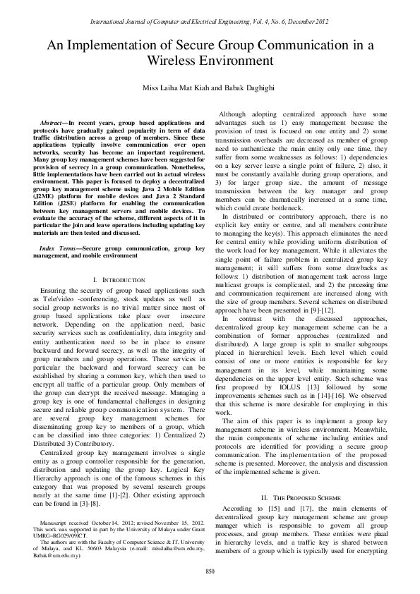 Pdf An Implementation Of Secure Group Communication In A Wireless