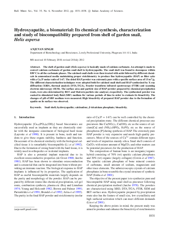 (PDF) Hydroxyapatite, a biomaterial: Its chemical synthesis ...