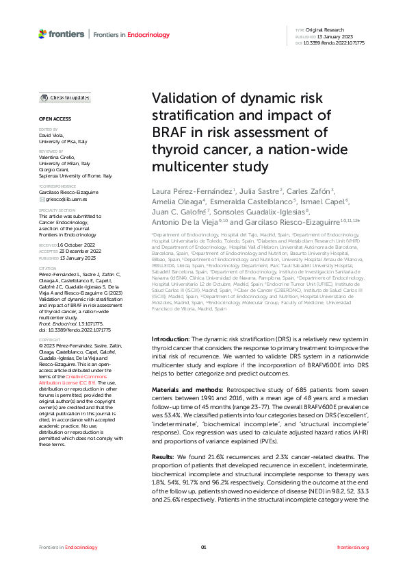 (PDF) Validation of dynamic risk stratification and impact of BRAF in risk assessment of thyroid ...