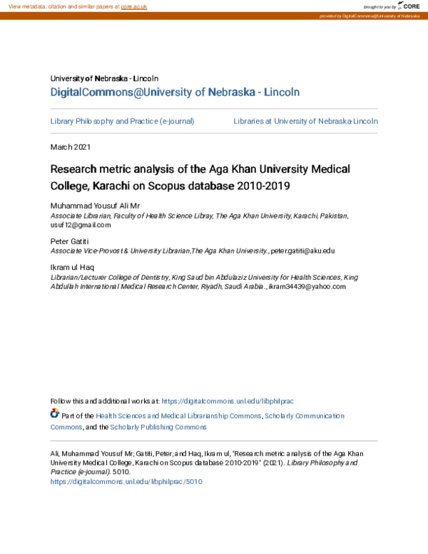 (PDF) Research metric analysis of the Aga Khan University Medical College, Karachi on Scopus ...