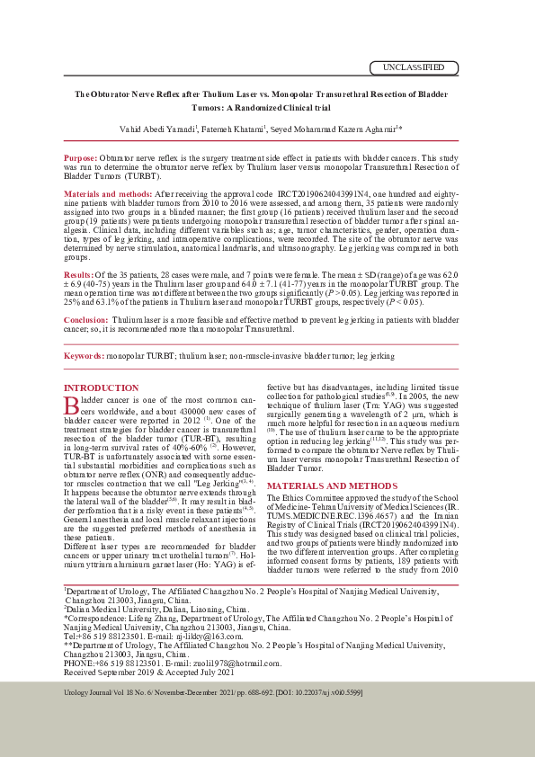(PDF) The Obturator Nerve Reflex after Thulium Laser vs. Monopolar ...