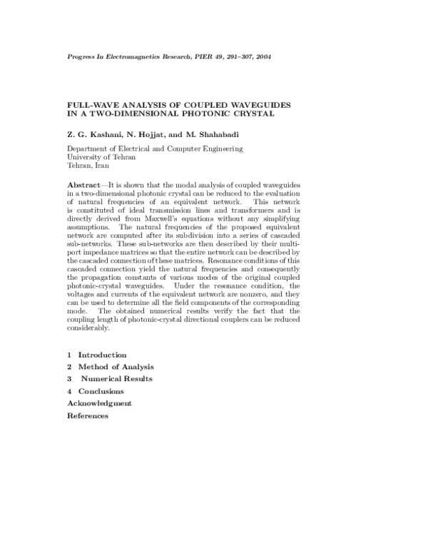 (PDF) Full-Wave Analysis of Coupled Waveguides in a Two-Dimensional Photonic Crystal