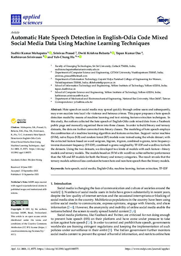 Pdf Automatic Hate Speech Detection In English Odia Code Mixed Social Media Data Using Machine