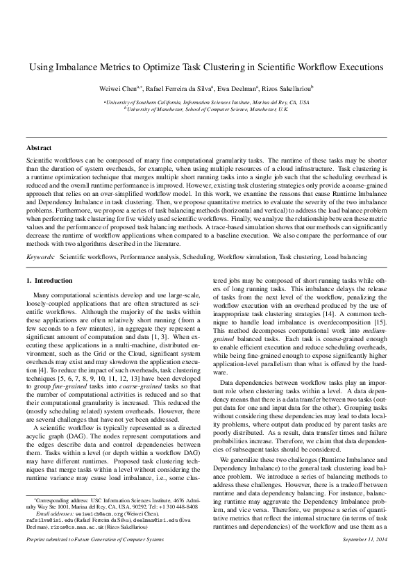 Pdf Using Imbalance Metrics To Optimize Task Clustering In Scientific