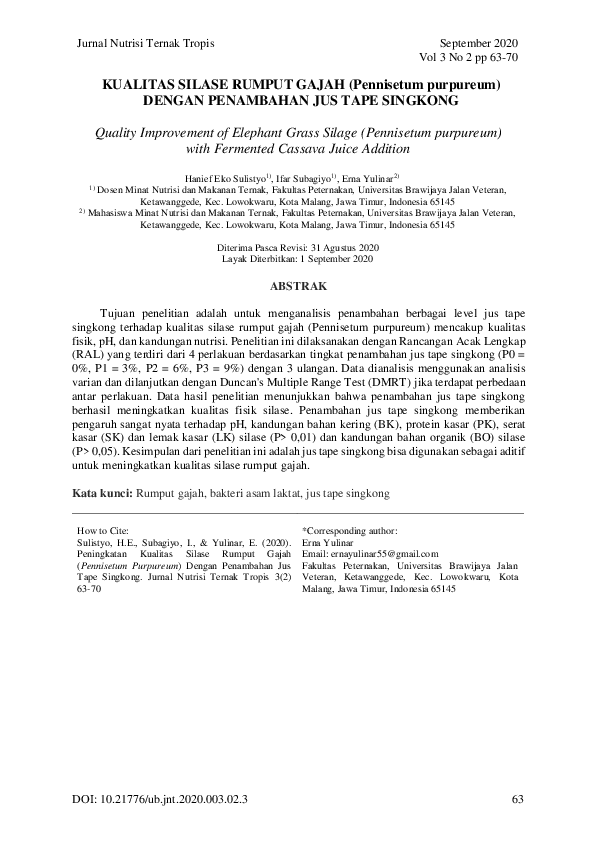 (PDF) Peningkatan Kualitas Silase Rumput Gajah (Pennisetum Purpureum) Dengan Penambahan Jus Tape ...