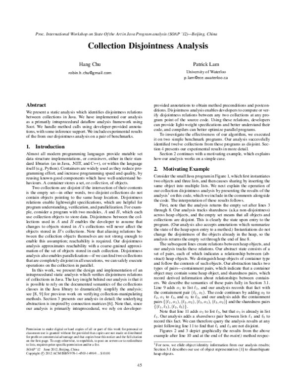 (PDF) Static Analysis of Java Collection Disjointness