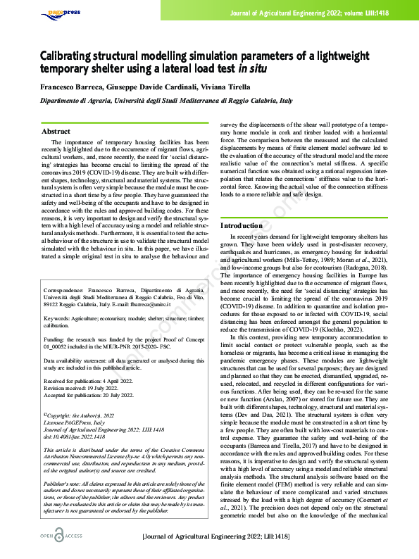 Pdf Calibrating Structural Modelling Simulation Parameters Of A Lightweight Temporary Shelter