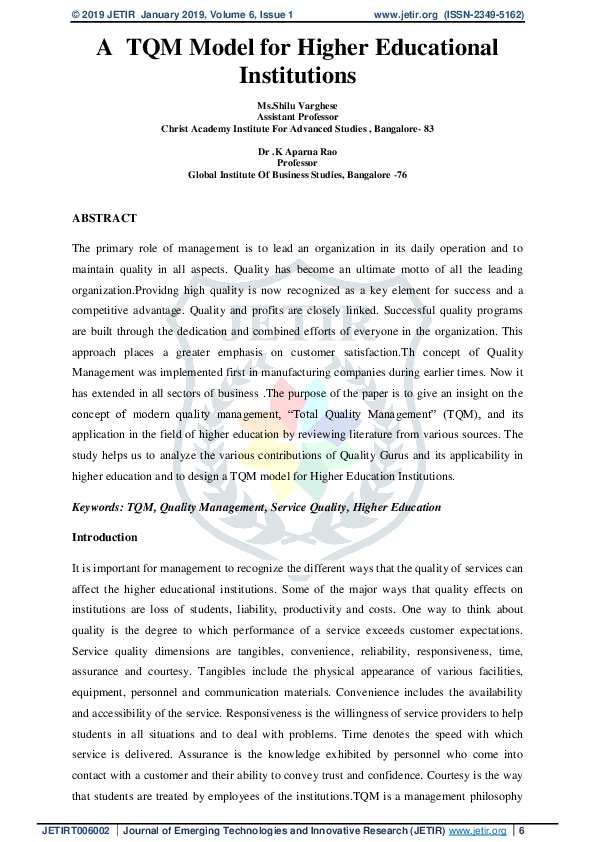 (PDF) A TQM Model for Higher Educational Institutions