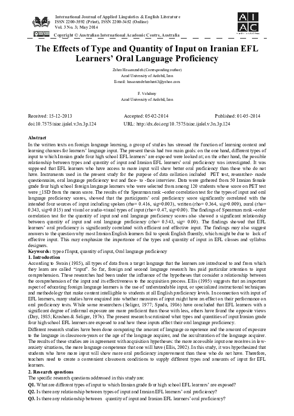(PDF) The Effects of Type and Quantity of Input on Iranian EFL Learners’ Oral Language Proficiency
