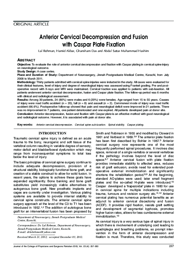 (PDF) Anterior cervical decompression and fusion with Caspar plate fixation