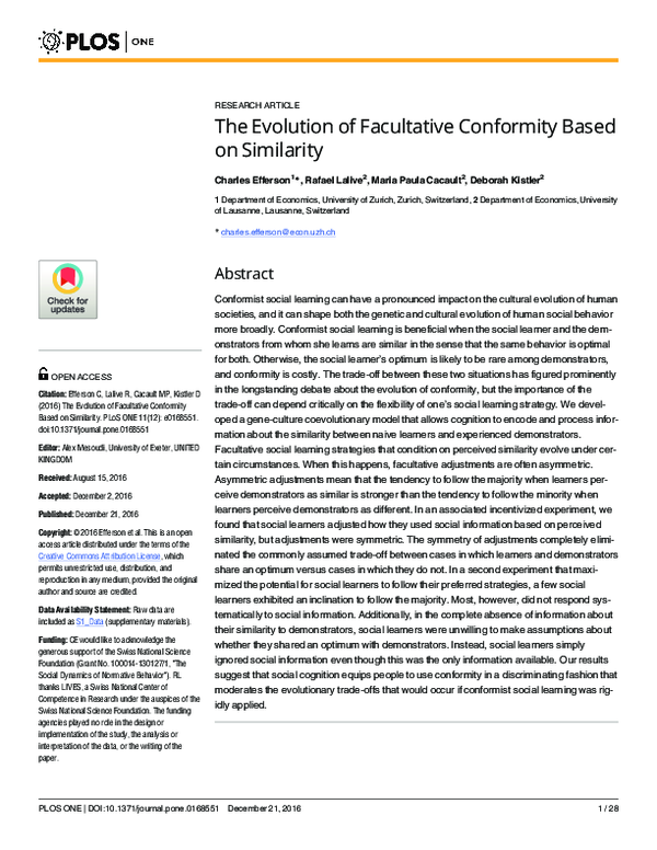 (PDF) The Evolution of Facultative Conformity Based on Similarity