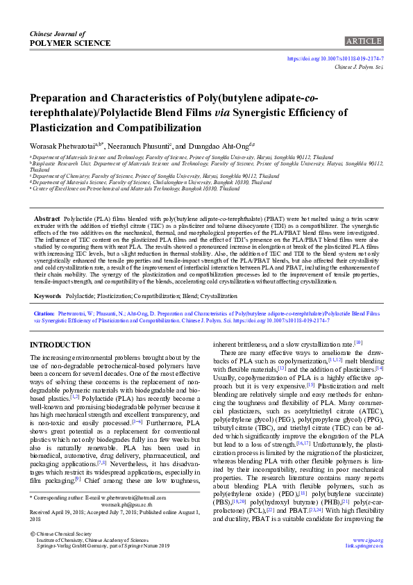 (PDF) Preparation and Characteristics of Poly(butylene adipate-co-terephthalate)/Polylactide ...