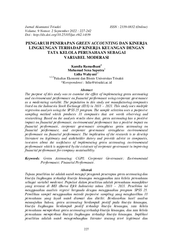 (PDF) Pengaruh Penerapan Green Accounting Dan Kinerja Lingkungan Terhadap Kinerja Keuangan ...