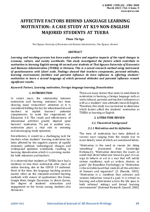 (PDF) AFFECTIVE FACTORS BEHIND LANGUAGE LEARNING MOTIVATION: A CASE ...