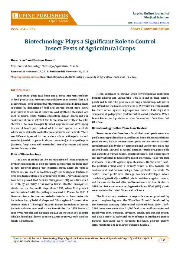 (PDF) Biotechnology Plays a Significant Role to Control Insect Pests of ...