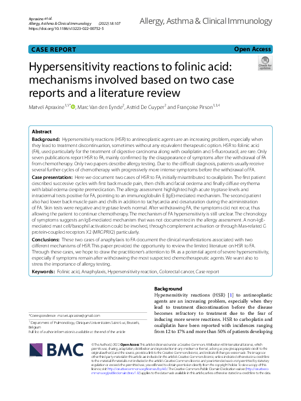 (PDF) Hypersensitivity reactions to folinic acid: mechanisms involved ...