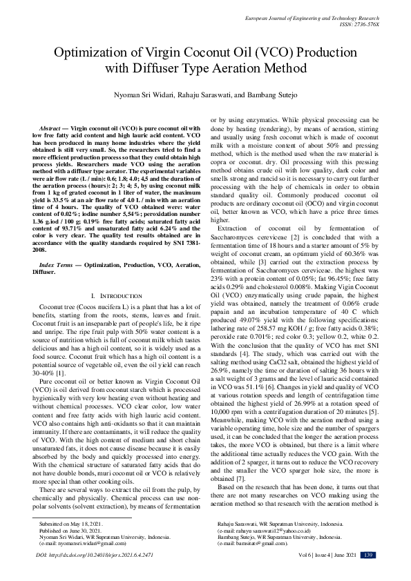 (PDF) Optimization of Virgin Coconut Oil (VCO) Production with Diffuser ...