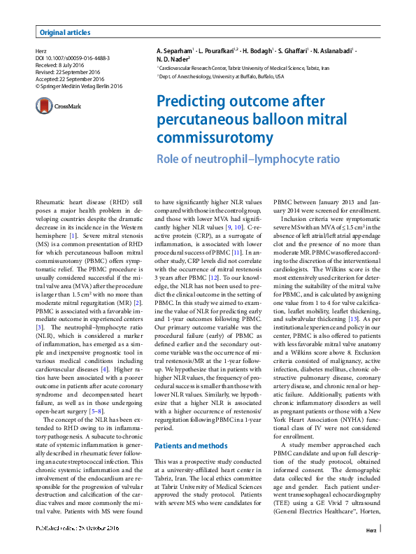 (PDF) Predicting outcome after percutaneous balloon mitral commissurotomy