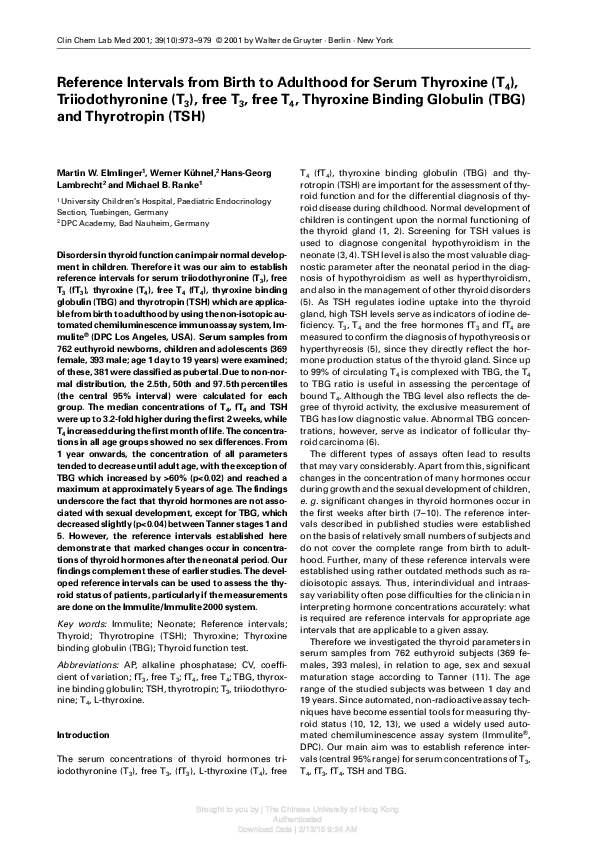 (PDF) Reference Intervals from Birth to Adulthood for Serum Thyroxine (T4), Triiodothyronine (T3 ...