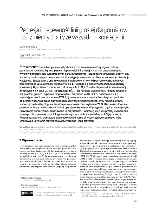 (PDF) Regression and Uncertainty of a Straight-Line for Measurements of x and y Variables with ...
