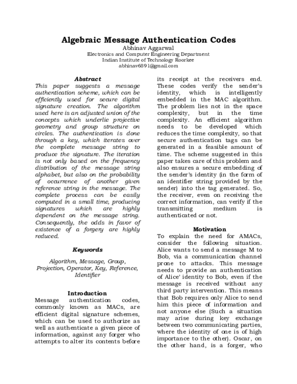 Pdf Algebraic Message Authentication Codes