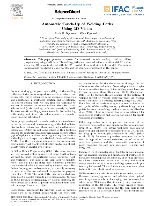 (PDF) Automatic Touch-Up of Welding Paths Using 3D Vision