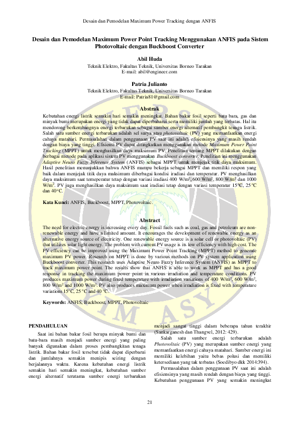 (PDF) Desain dan Pemodelan Maximum Power Point Tracking Menggunakan ANFIS pada Sistem ...