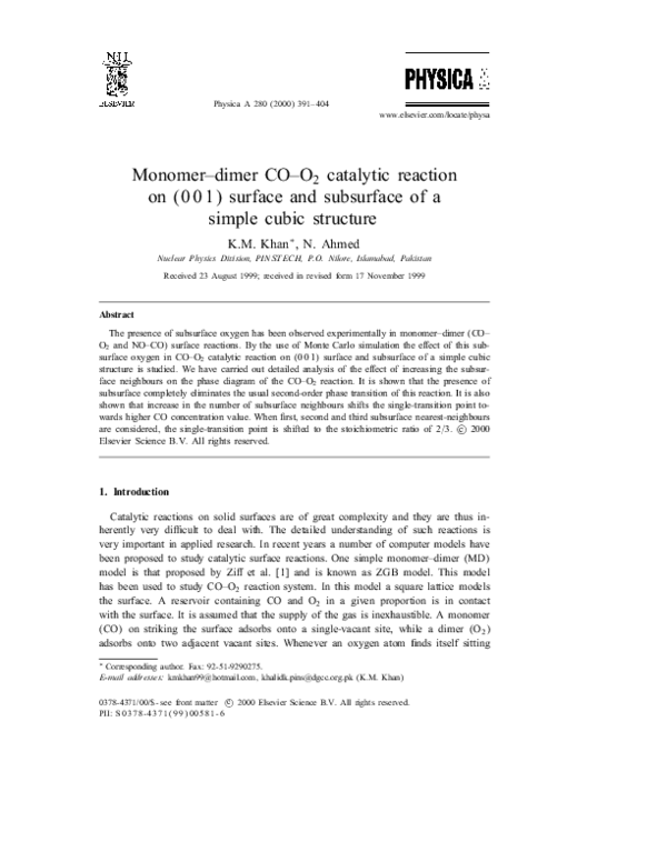 (PDF) Monomer–dimer CO–O2 catalytic reaction on (001) surface and ...
