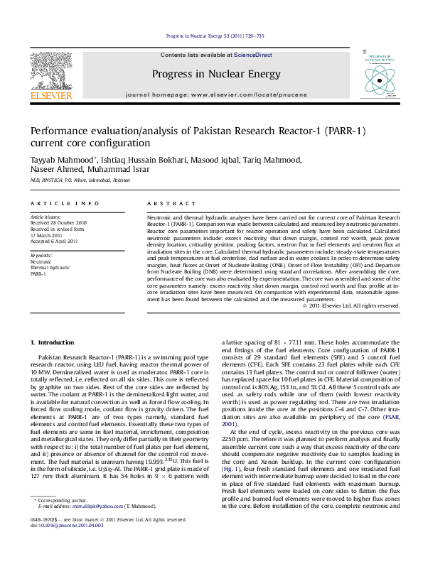(PDF) Performance evaluation/analysis of Pakistan Research Reactor-1 ...
