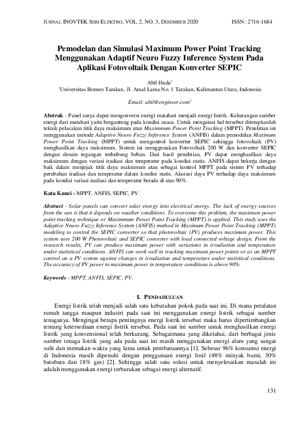 (PDF) Pemodelan dan Simulasi Maximum Power Point Tracking Menggunakan Adaptif Neuro Fuzzy ...