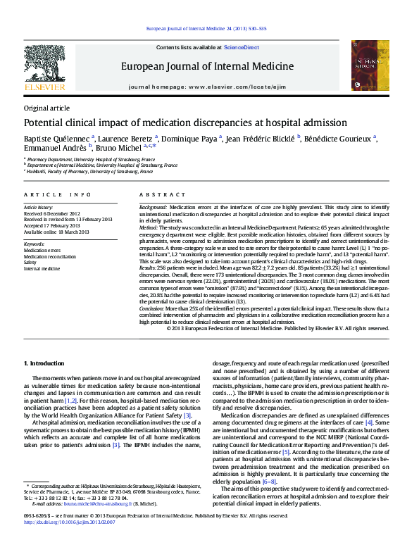 (PDF) Potential clinical impact of medication discrepancies at hospital ...