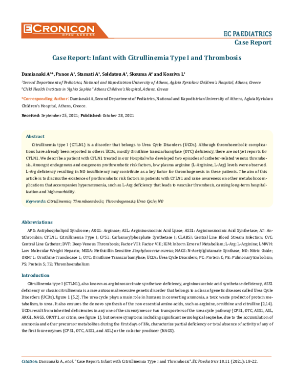 (PDF) Case Report: Infant with Citrullinemia Type I and Thrombosis