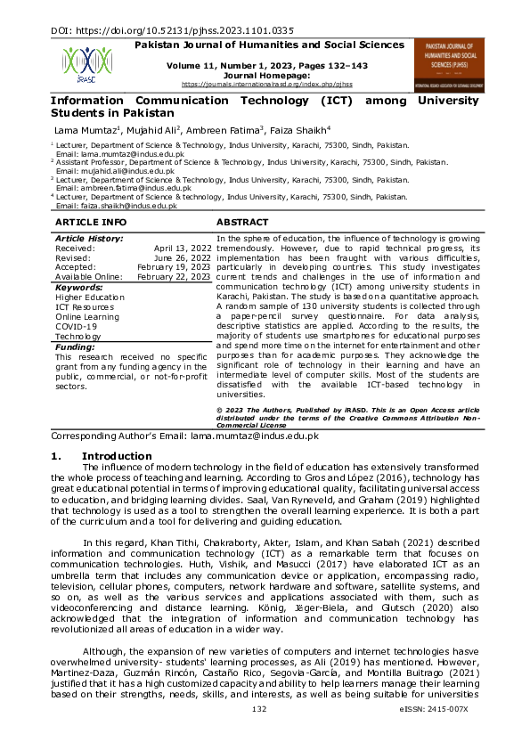 (PDF) Information Communication Technology (ICT) among University Students in Pakistan