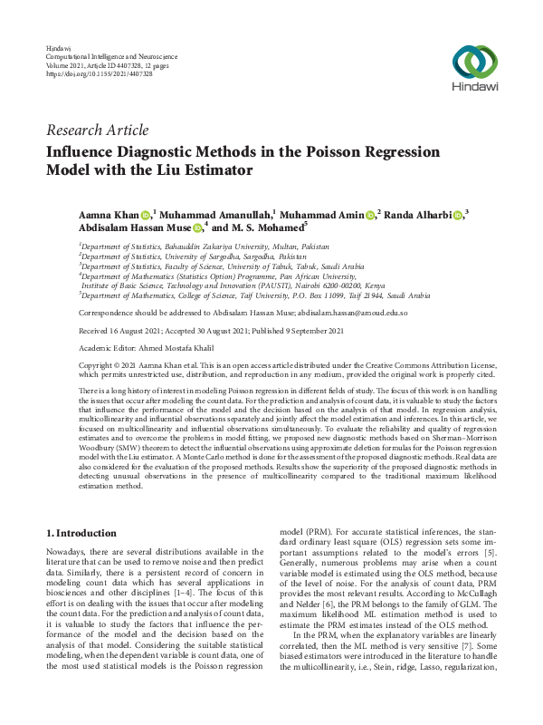Pdf Influence Diagnostics In Poisson Regression With Liu Estimator