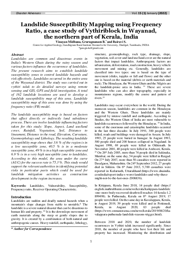 (PDF) Landslide Susceptibility Mapping using Frequency Ratio, a case study of Vythiriblock in ...