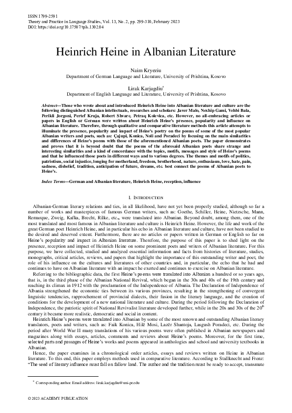 (PDF) Heinrich Heine in Albanian Literature | Naim Kryeziu - Academia.edu