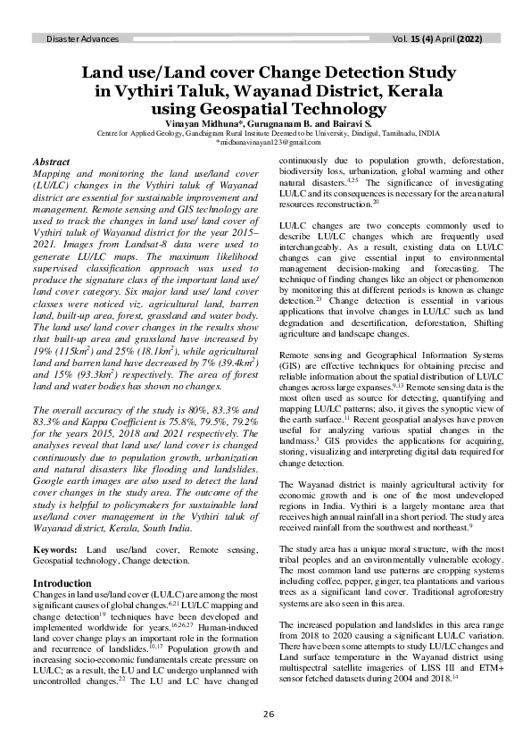 (PDF) Land use/Land cover Change Detection Study in Vythiri Taluk ...