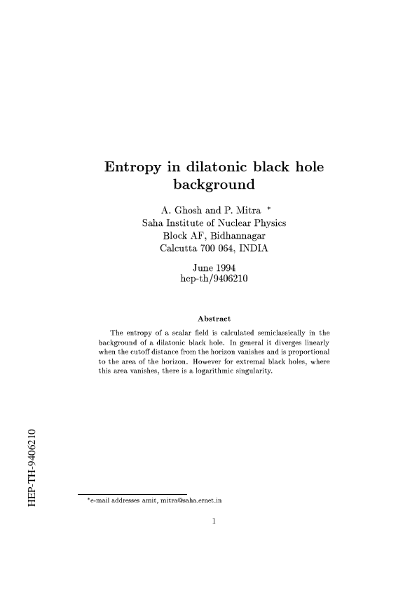 (PDF) Entropy in Dilatonic Black Hole Background