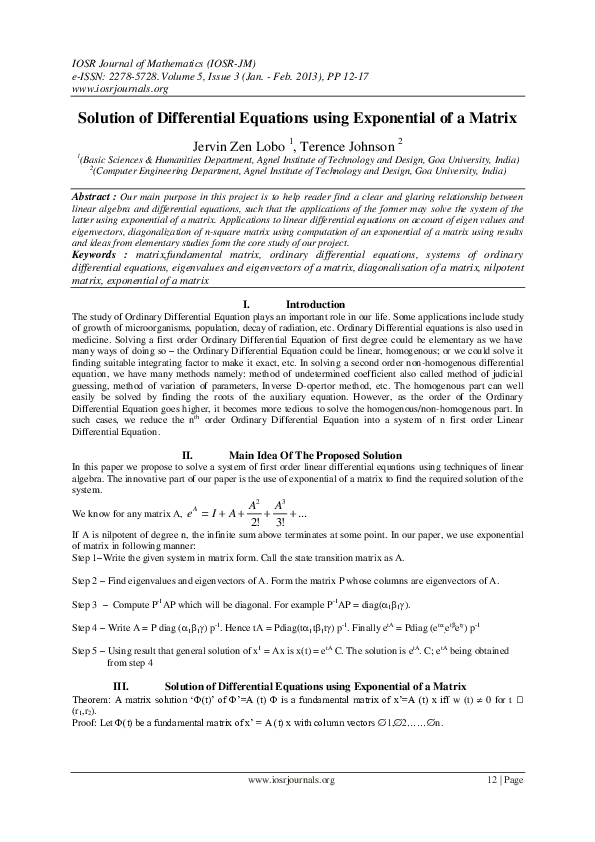 (PDF) Solution of Differential Equations using Exponential of a Matrix