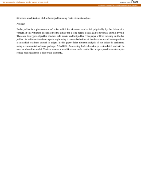 (PDF) Structural Modification of Disc Brake Judder Using Finite Element Analysis