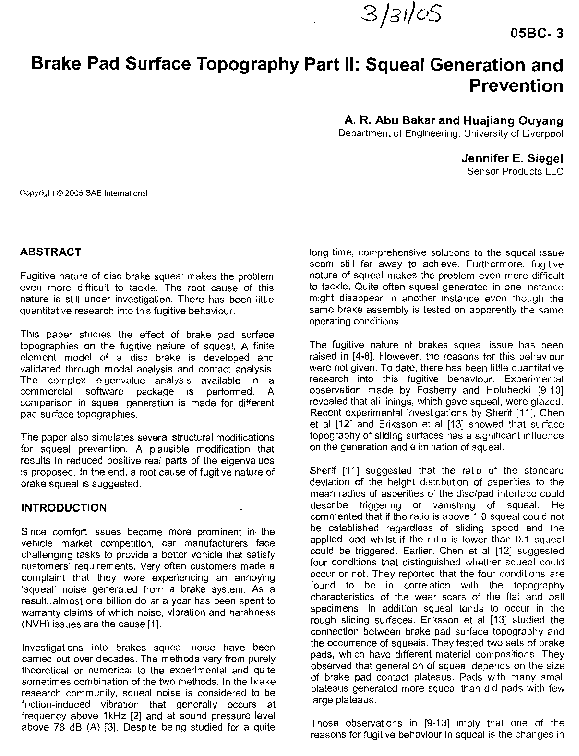 (PDF) Brake Pad Surface Topography Part II: Squeal Generation and ...